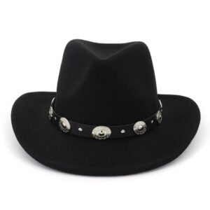 Eohak Womens Western Cowboy Hats Studded Pinched Western Cowgirl Hats Wide Brim Fedoras Hat with Belt Buckle （Size: M-L） (US, Alpha, Medium, Black)