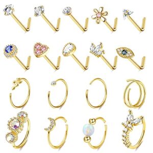 joerica 18 pcs 20g nose rings studs 316l stainless steel nose rings hoop for women cute evil eye heart butterfly opal cz nose piercing jewelry l shaped nose ring stud set