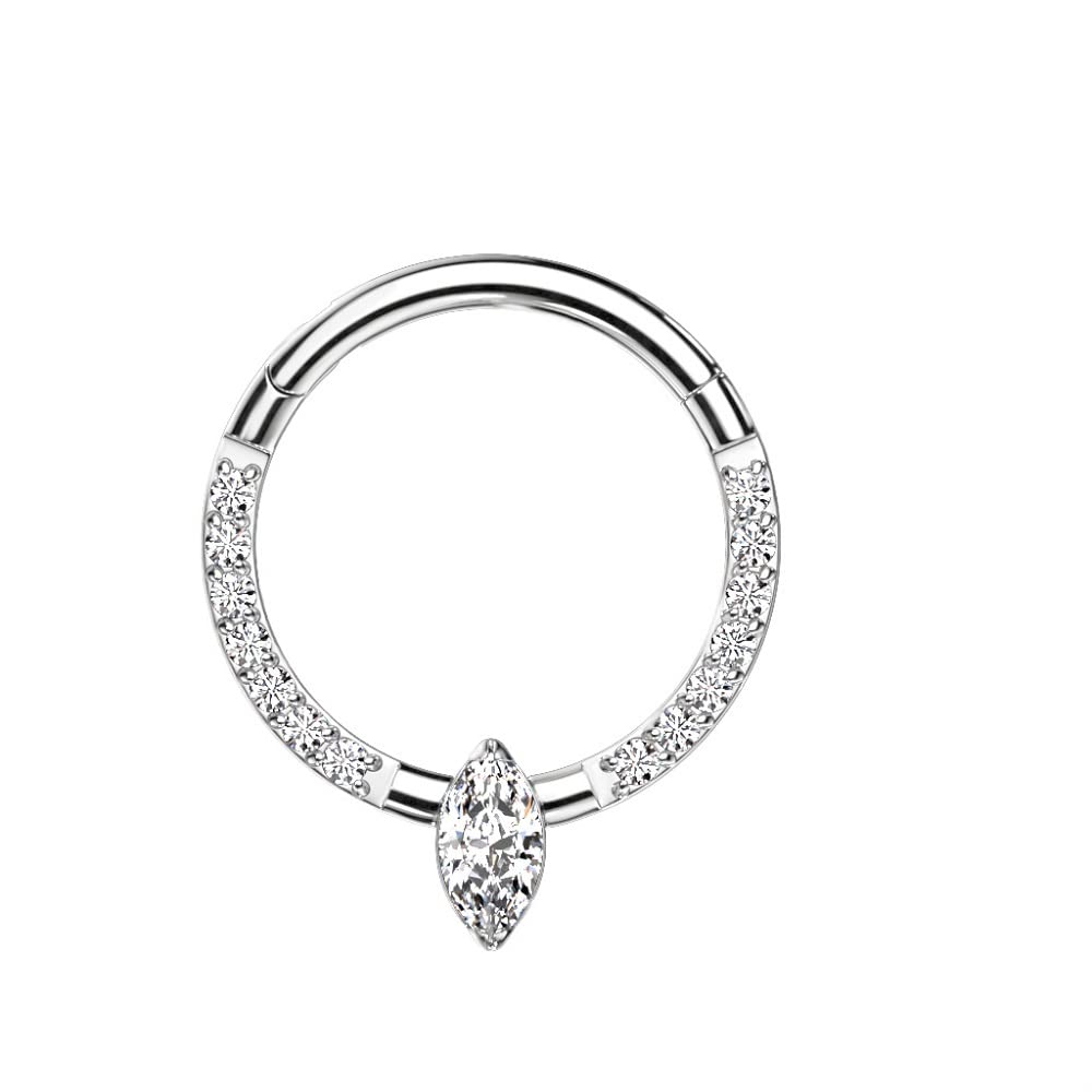 Pierced Owl 16GA G23 Implant Grade Titanium Marquise Crystal Center with CZ Crystal Paved Sides Hinged Segment Ring (Silver Tone)