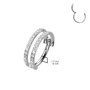 Pierced Owl 16GA G23 Implant Grade Titanium CZ Crystal Paved Double Hoops Hinged Segment Ring (Silver Tone)