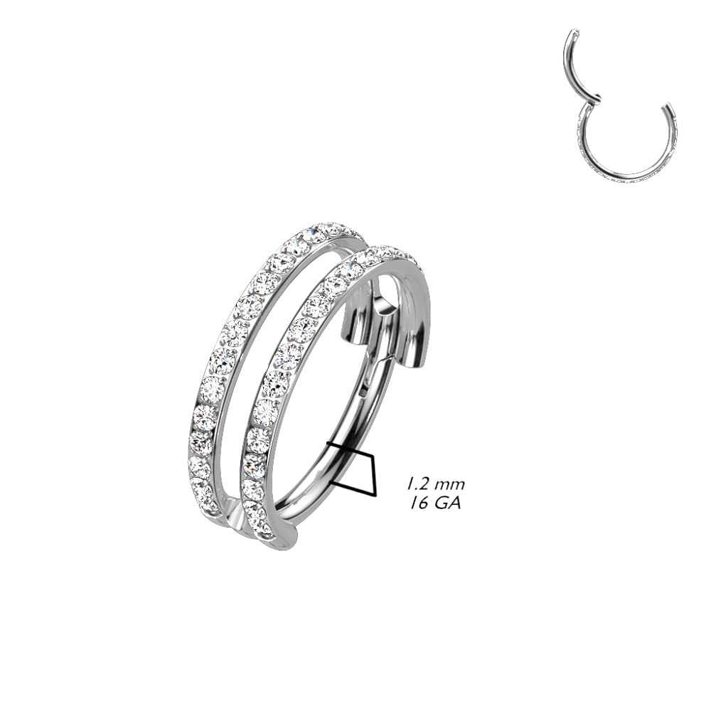 Pierced Owl 16GA G23 Implant Grade Titanium CZ Crystal Paved Double Hoops Hinged Segment Ring (Silver Tone)