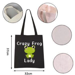 VAMSII Frog Tote Bag Crazy Frog Lady Shoulder Bag Frog Lover Gifts for Women Funny Frog Gifts Shopping Bag(BLK-Frog Lady tote)