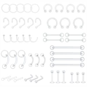 zuyassnei 48pcs clear piercing retainers bioflex nose tongue belly nipple rings plastic earings eyebrow cartilage tragus lip septum hoop nose stud industrial bar piercing jewelry for surgery.