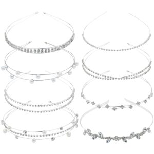 lawie 8 pack sparkly rhinestone pearl silver metal headbands,double slim skinny wire hair bands,decorative cross hair bands accessories,crown tiara hair holder fancy hairbands for women girls