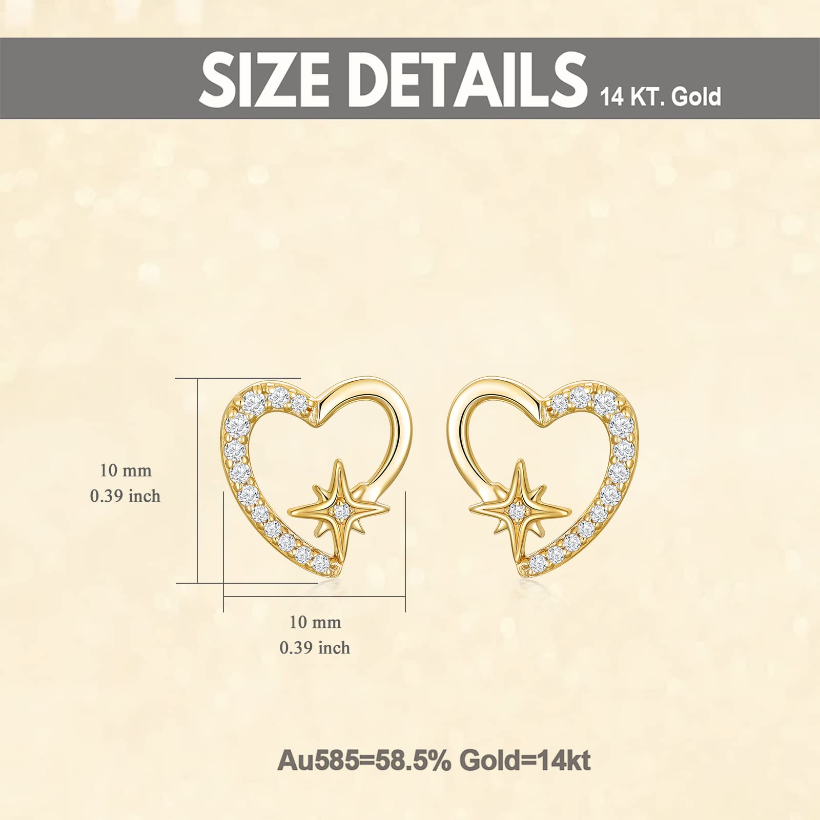 14k Solid Gold Star Heart Earrings for Women Cubic Zirconia Stud Earrings ，Gifts for Valentine's/Anniversary/Mother's Day