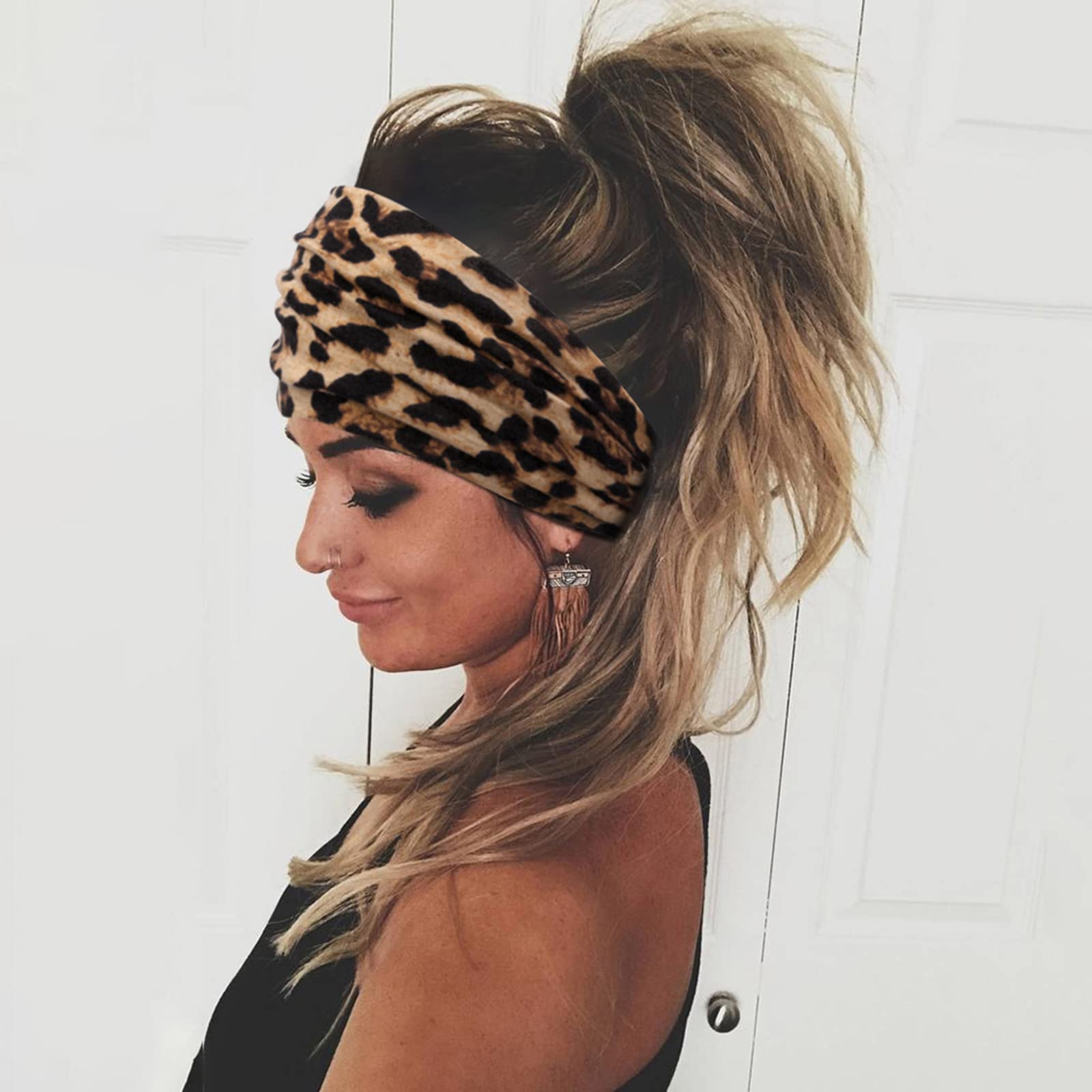 Headbands for Women Wide Head Bands Non Slip Boho Women’s Hair Band Fashion Knotted Workout Yoga Leopard Turban Head Wraps African Hair Accessories