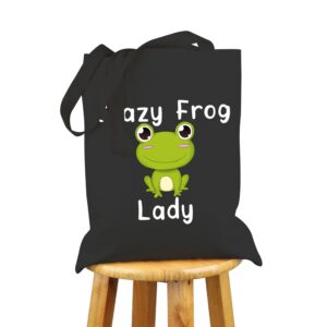 VAMSII Frog Tote Bag Crazy Frog Lady Shoulder Bag Frog Lover Gifts for Women Funny Frog Gifts Shopping Bag(BLK-Frog Lady tote)