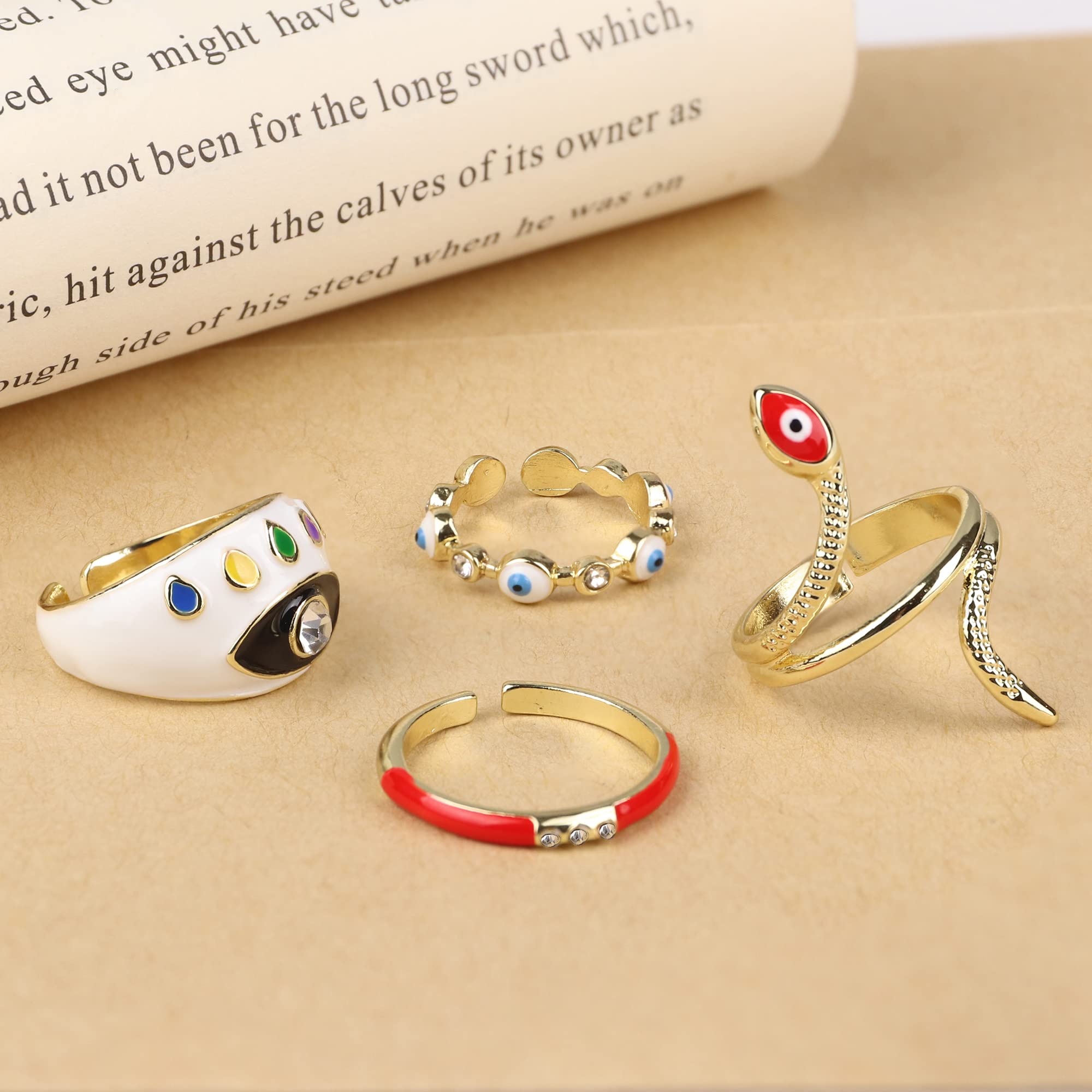 Sanfenly 16Pcs Evil Eye Ring Colorful Enamel Rings Set for Women Gold Plated Chunky Aesthetic Trendy Cubic Zirconia Adjustable Open Ring Lucky Protection Jewelry