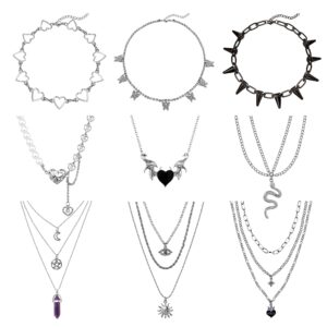 sanfenly 9pcs y2k goth necklaces gothic jewelry for women men emo grunge cool punk vintage necklace jewelry chain layered pendant choker moon pentagram spike butterfly snake heart wing necklace set