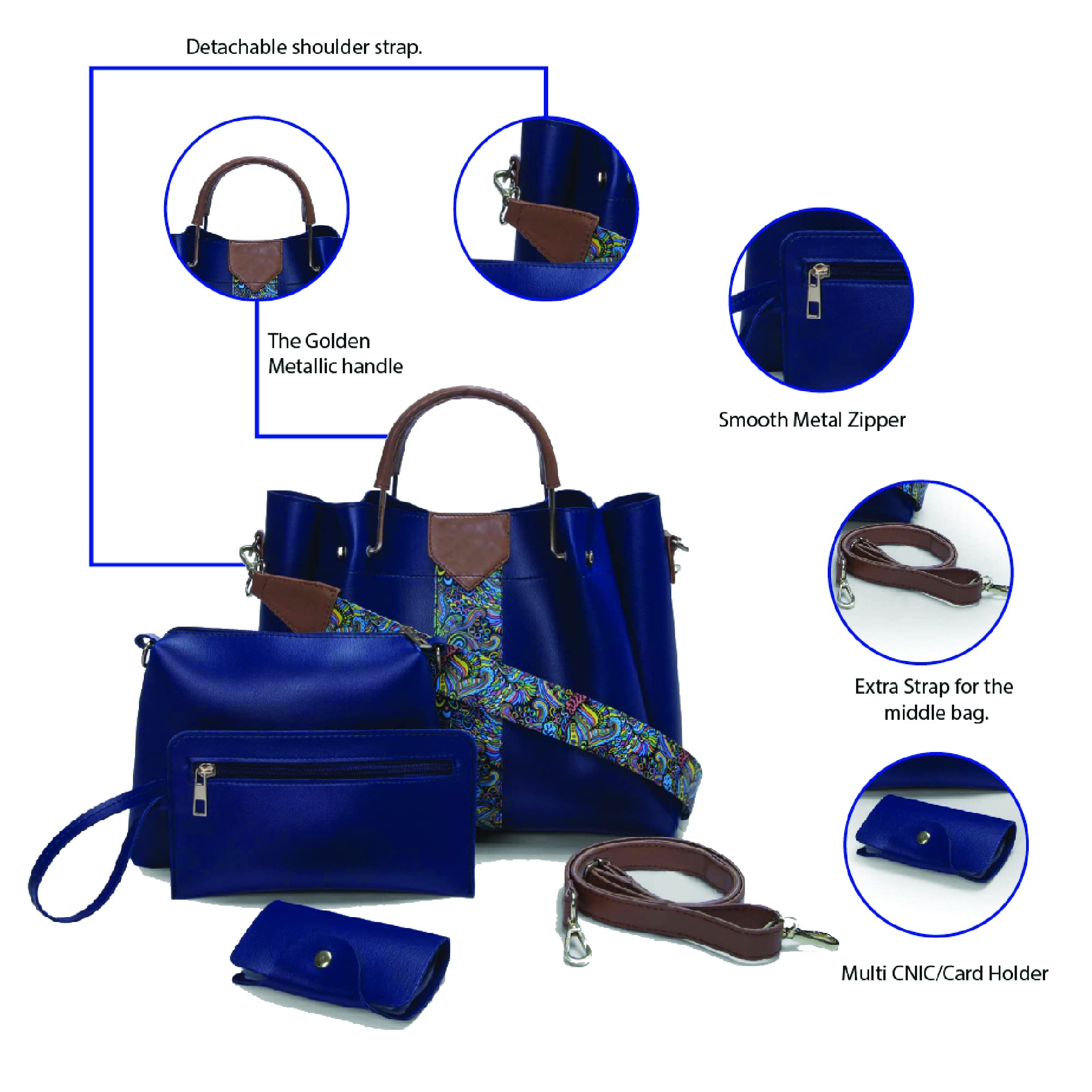 Ladies Womens Girls 4 Pieces Set Fashion Bag Soft PU Leather Handbag Tote Shoulder Bag Crossbody Bag Wallet Card Bag (Blue)