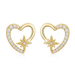 14k solid gold star heart earrings for women cubic zirconia stud earrings ，gifts for valentine's/anniversary/mother's day