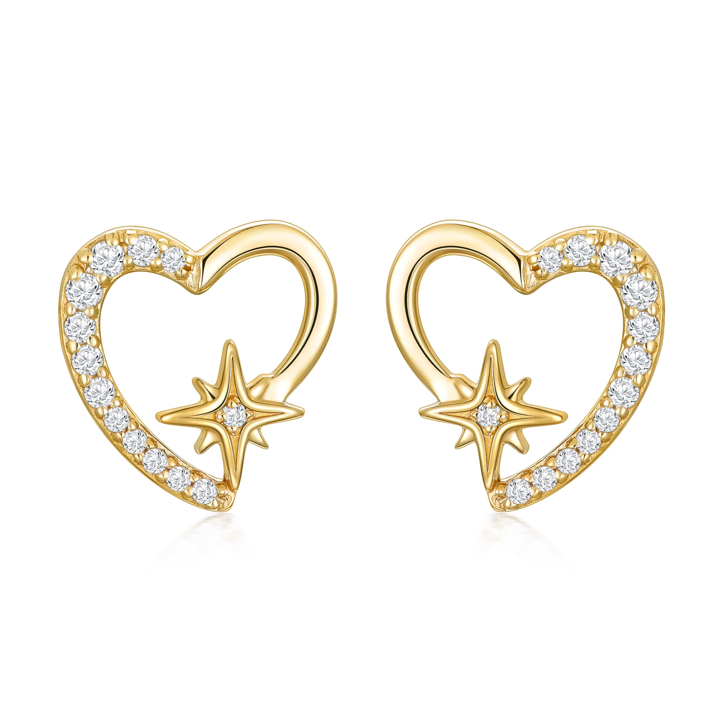 14k Solid Gold Star Heart Earrings for Women Cubic Zirconia Stud Earrings ，Gifts for Valentine's/Anniversary/Mother's Day