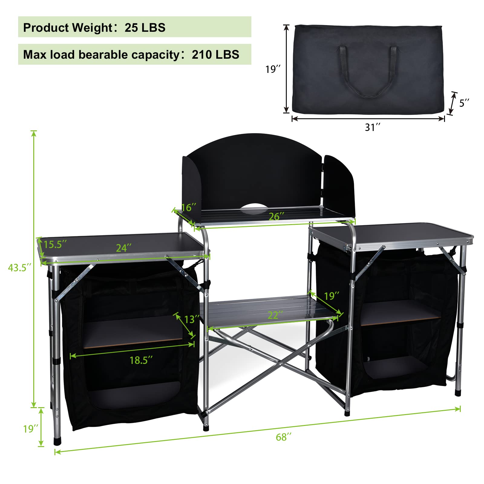 Evcitn Camping Kitchen Table with Pcinic Mat, Aluminum Portable Folding Camp Cook Table with Windshield, Storage Organizer, Quick Installation for Outdoor Picnic Beach Party Cooking, Black