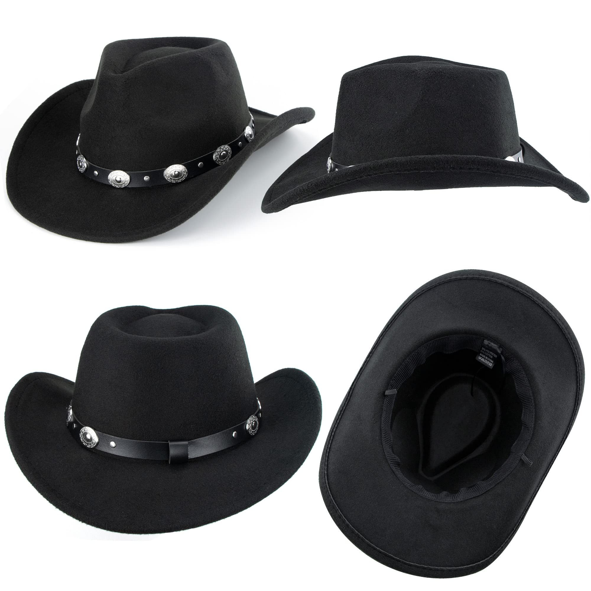 Eohak Womens Western Cowboy Hats Studded Pinched Western Cowgirl Hats Wide Brim Fedoras Hat with Belt Buckle （Size: M-L） (US, Alpha, Medium, Black)