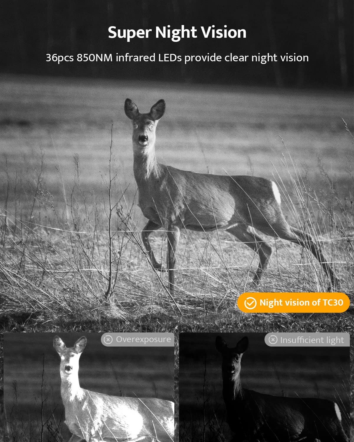 Trail Camera, 24MP 1080P Game Cameras with 850nm Infrared Night Vision, 65ft Motion Activated Deer Hunting Cam for Garden Wildlife Monitoring, IP66 Waterproof, 120° Wide Angle Detection, Easy Set Up