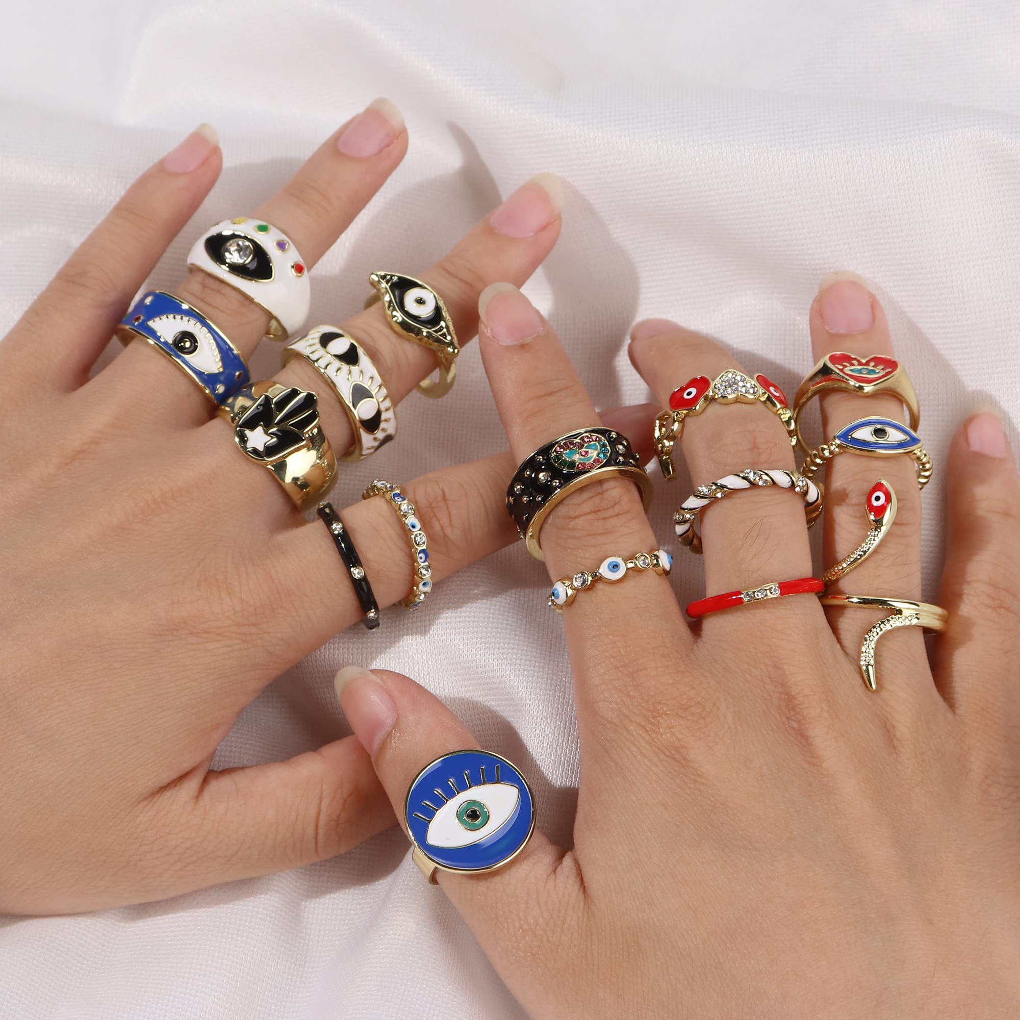 Sanfenly 16Pcs Evil Eye Ring Colorful Enamel Rings Set for Women Gold Plated Chunky Aesthetic Trendy Cubic Zirconia Adjustable Open Ring Lucky Protection Jewelry