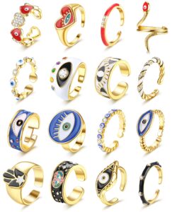 sanfenly 16pcs evil eye ring colorful enamel rings set for women gold plated chunky aesthetic trendy cubic zirconia adjustable open ring lucky protection jewelry