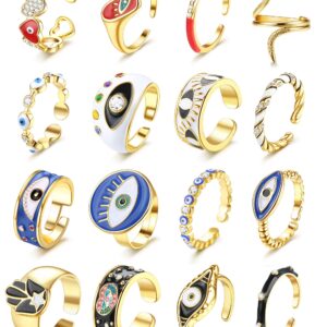 Sanfenly 16Pcs Evil Eye Ring Colorful Enamel Rings Set for Women Gold Plated Chunky Aesthetic Trendy Cubic Zirconia Adjustable Open Ring Lucky Protection Jewelry