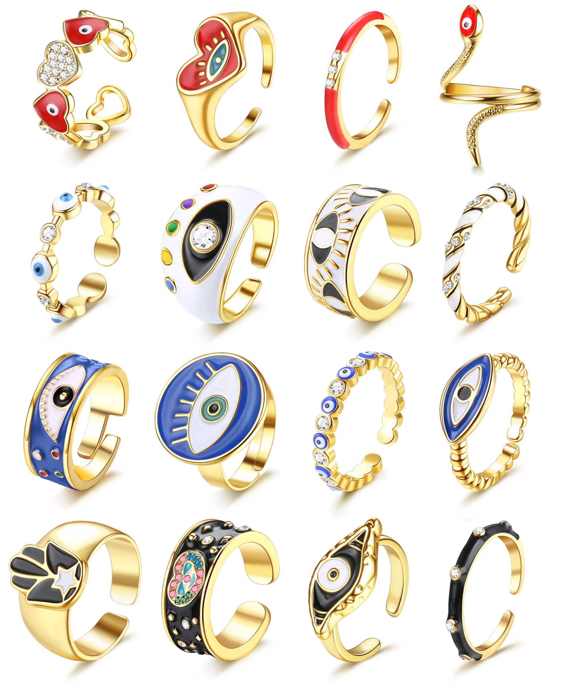 Sanfenly 16Pcs Evil Eye Ring Colorful Enamel Rings Set for Women Gold Plated Chunky Aesthetic Trendy Cubic Zirconia Adjustable Open Ring Lucky Protection Jewelry