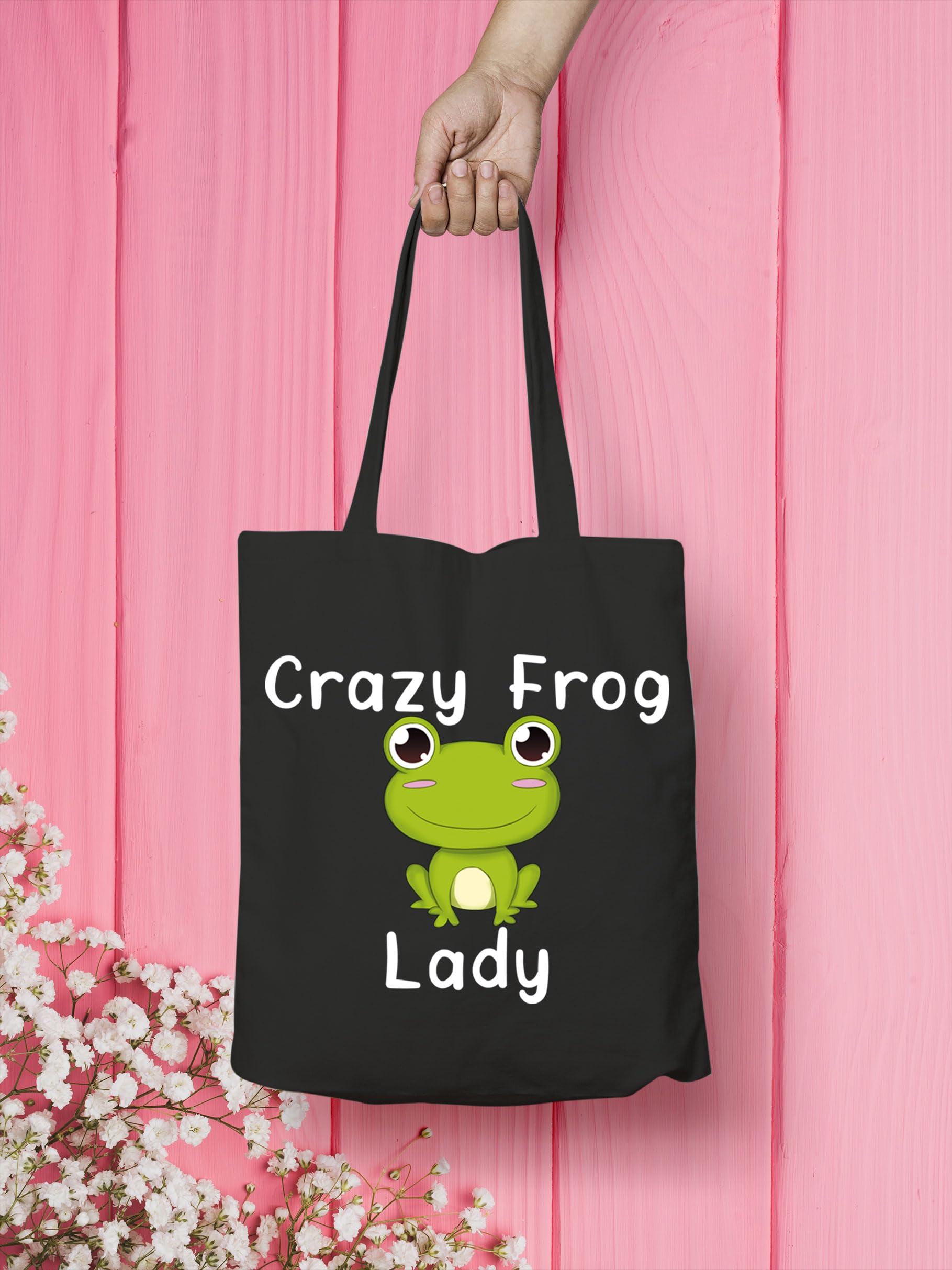 VAMSII Frog Tote Bag Crazy Frog Lady Shoulder Bag Frog Lover Gifts for Women Funny Frog Gifts Shopping Bag(BLK-Frog Lady tote)