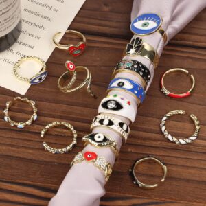 Sanfenly 16Pcs Evil Eye Ring Colorful Enamel Rings Set for Women Gold Plated Chunky Aesthetic Trendy Cubic Zirconia Adjustable Open Ring Lucky Protection Jewelry