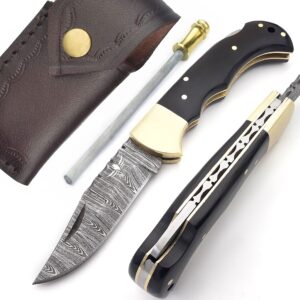 lara eagle damascus pocket knife for men - 133 layer solid steel handmade folding hunting knives with sharpner and leather pouch - best knife for camping hunting hiking - father’s day gifts for men husband dad (buffalo horn handle)