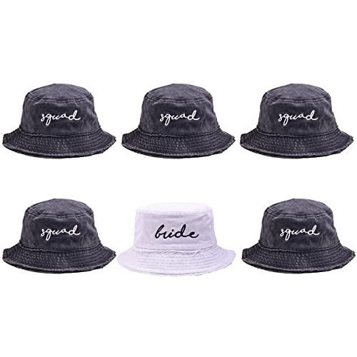 6 Pack Bachelorette Bucket Hat for Bride Squad Distressed Embroidered Sun Hat Bridal Party Gift 1 Bride + 5 Squad