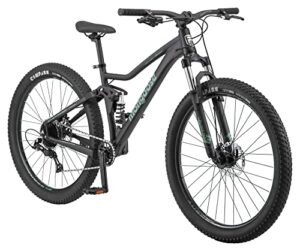 mongoose impasse 1.0 mountain bike for adult men & women, 7-speed, full suspension, 27.5-inch wheel, 17-inch frame, front & rear mechanical disc brake, matte black