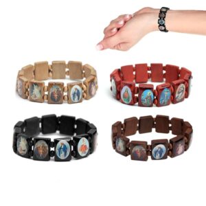 Fnjuucw 4pcs Wooden Jesus Bracelet Saints Rosary, Stretchable Wooden Small Panel Bracelet, with Images of Religious Saints Jesus Gift for Men & Women