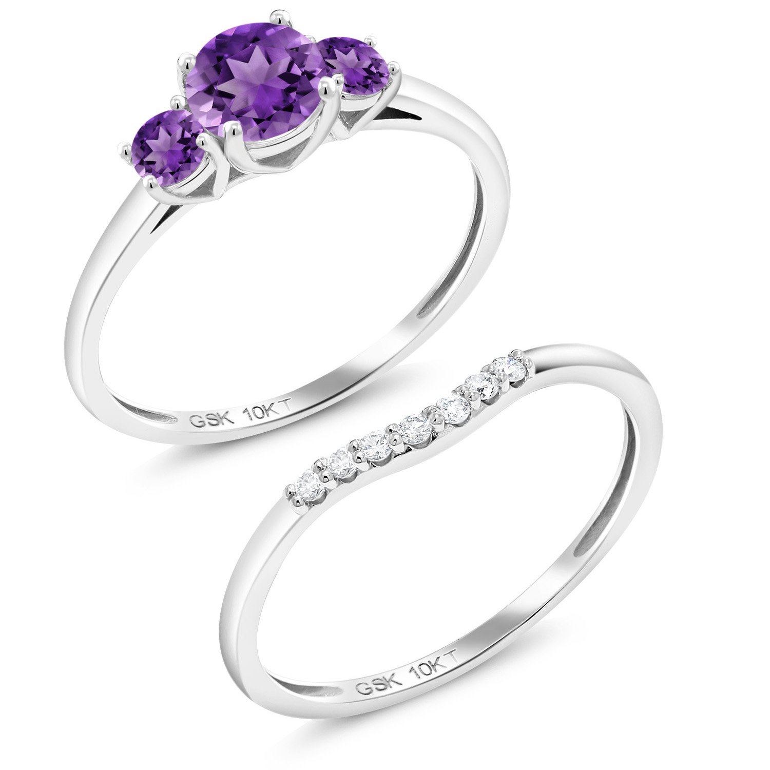 Gem Stone King 10K White Gold Purple Amethyst and White Lab Grown Diamond Engagement Ring | 3-Stone Bridal Wedding Ring Set For Women | 0.72 Cttw | Available in Size 5,6,7,8,9