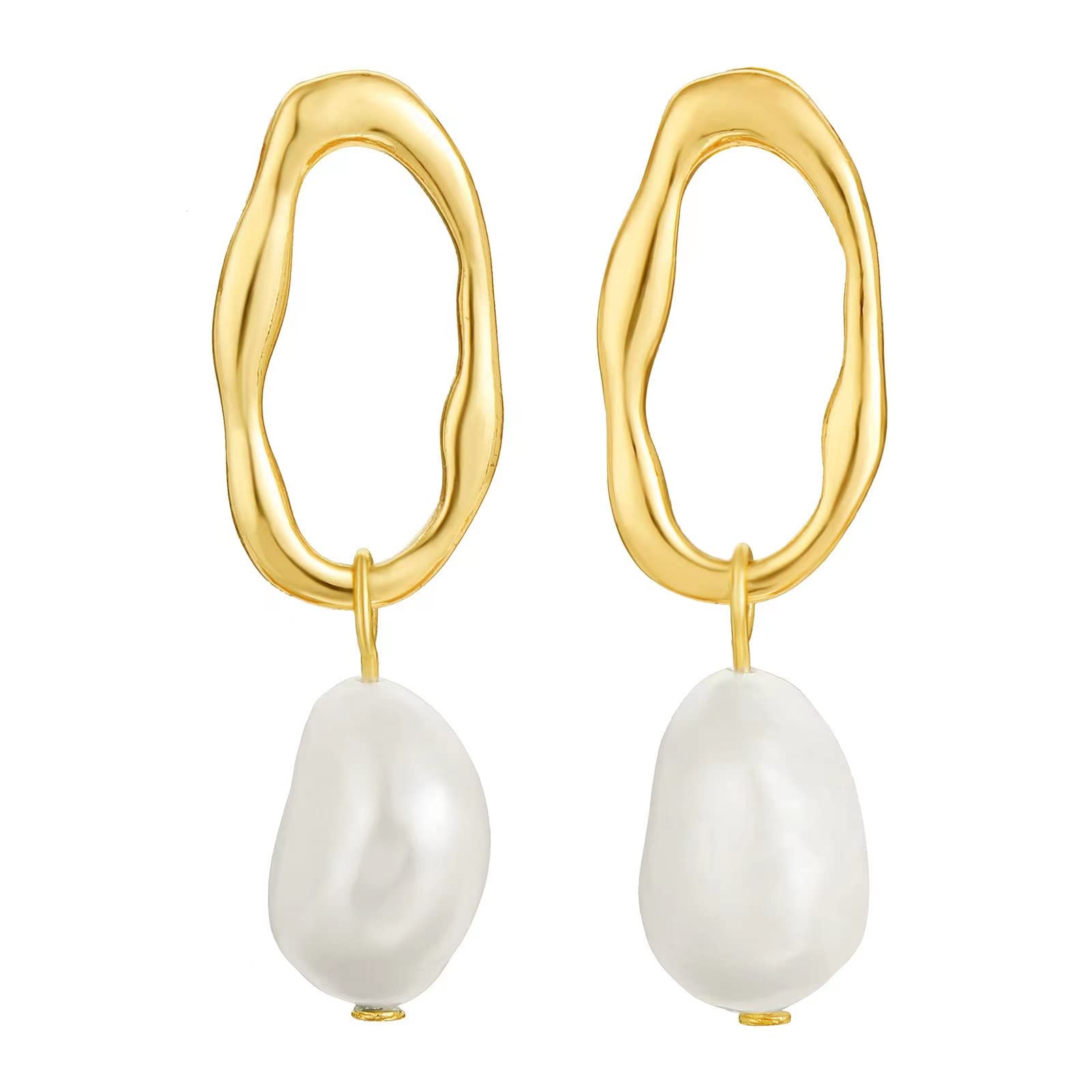 SPECCI 18K Gold Plated Pearl Dangle Earrings, Baroque Pearl Drop Earrings, Trendy Pearl Dangle Hoop Earrings for Women Girls