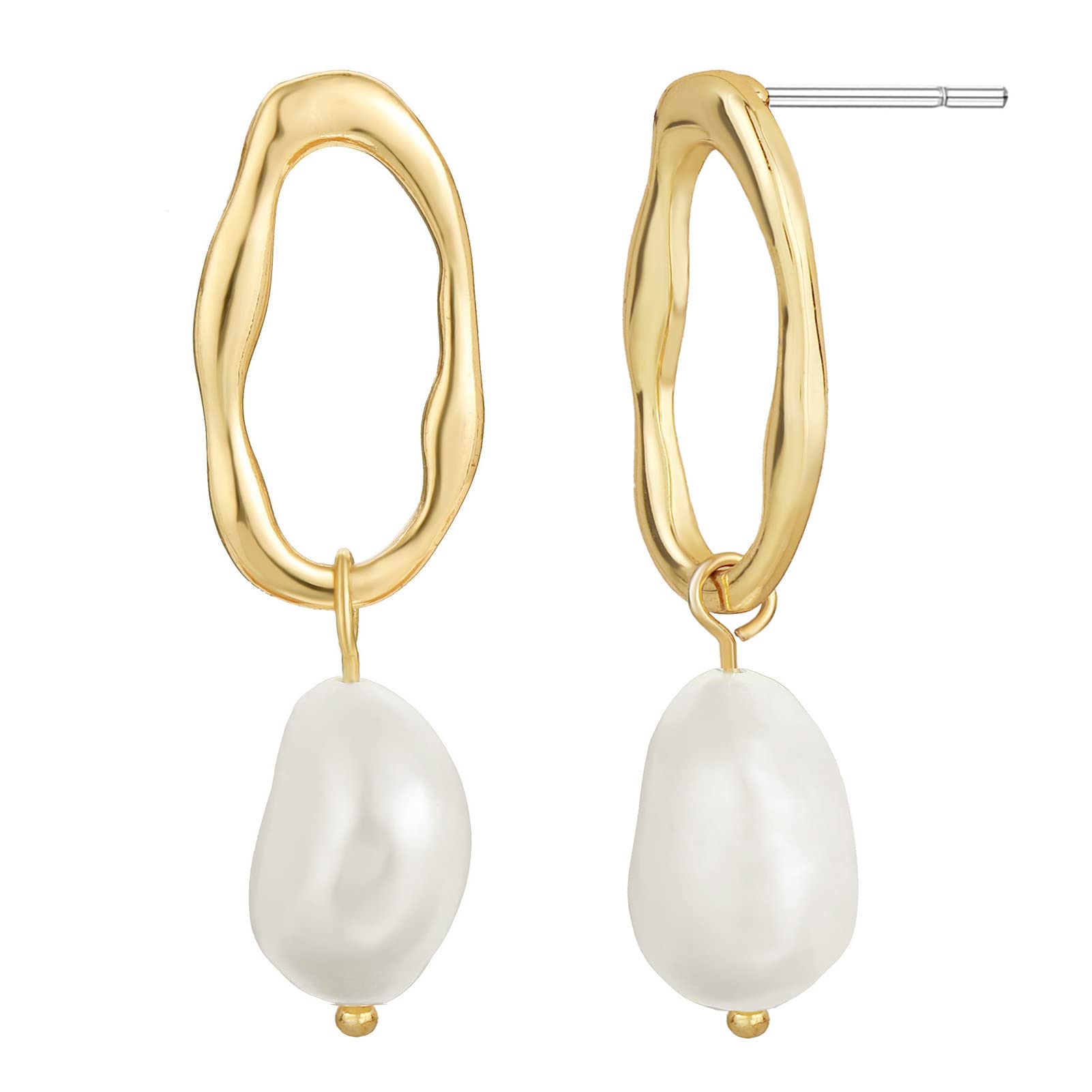 SPECCI 18K Gold Plated Pearl Dangle Earrings, Baroque Pearl Drop Earrings, Trendy Pearl Dangle Hoop Earrings for Women Girls