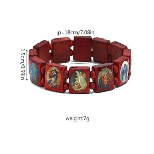 Fnjuucw 4pcs Wooden Jesus Bracelet Saints Rosary, Stretchable Wooden Small Panel Bracelet, with Images of Religious Saints Jesus Gift for Men & Women