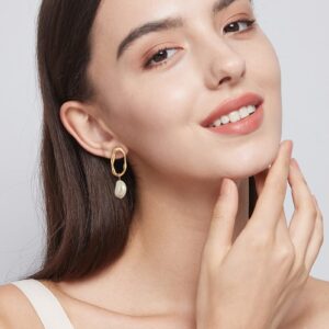 SPECCI 18K Gold Plated Pearl Dangle Earrings, Baroque Pearl Drop Earrings, Trendy Pearl Dangle Hoop Earrings for Women Girls