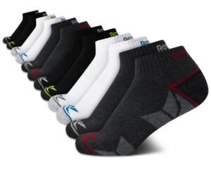 reebok boys' quarter socks - 12 pack stretch performance quarter cut arch support socks - cushioned athletic socks for boys, size large, black/white/grey assortment