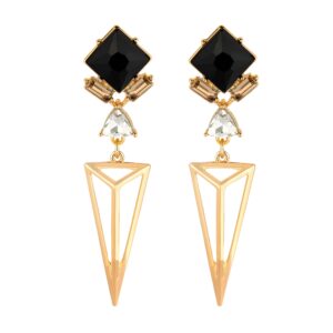 black and gold earrings for women, art deco style long statement dangle earrings, 14k gold plated, black onyx crystals, elegant vintage bridal jewelry