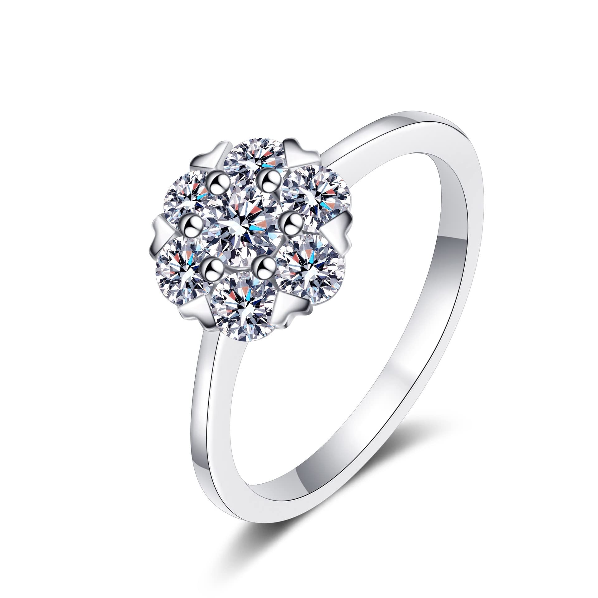 StarGems 0.8ct Moissanite 925 Silver Platinum Plated& Zirconia Surrounded Romantic Six Prong Cluster Ring B4473-0.8ct-5.5