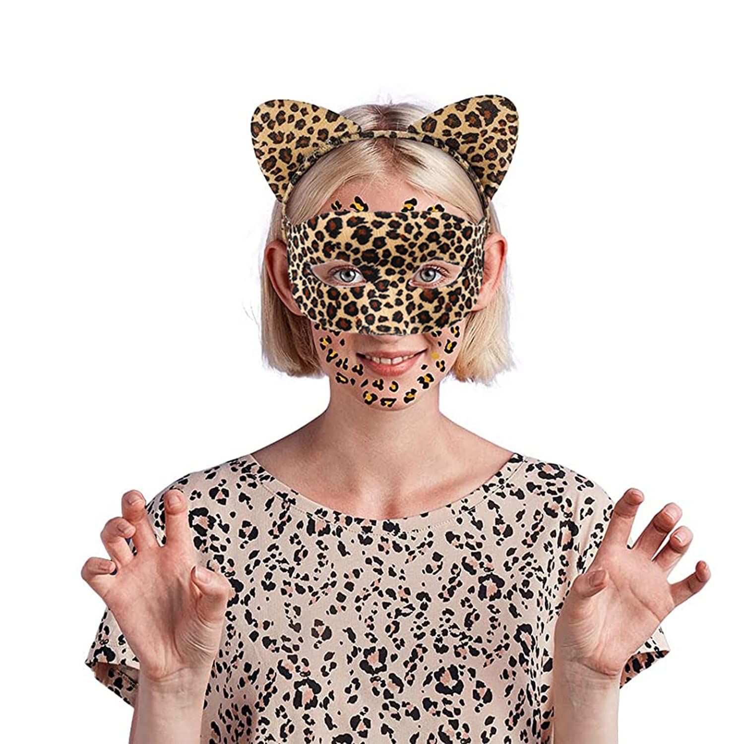 Halloween Cat Cosplay Accessories Set Cat Ear Headband with leopard print Masquerade mask for Women Halloween Cat Costume accessory for Women Party Costume