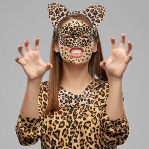 Halloween Cat Cosplay Accessories Set Cat Ear Headband with leopard print Masquerade mask for Women Halloween Cat Costume accessory for Women Party Costume