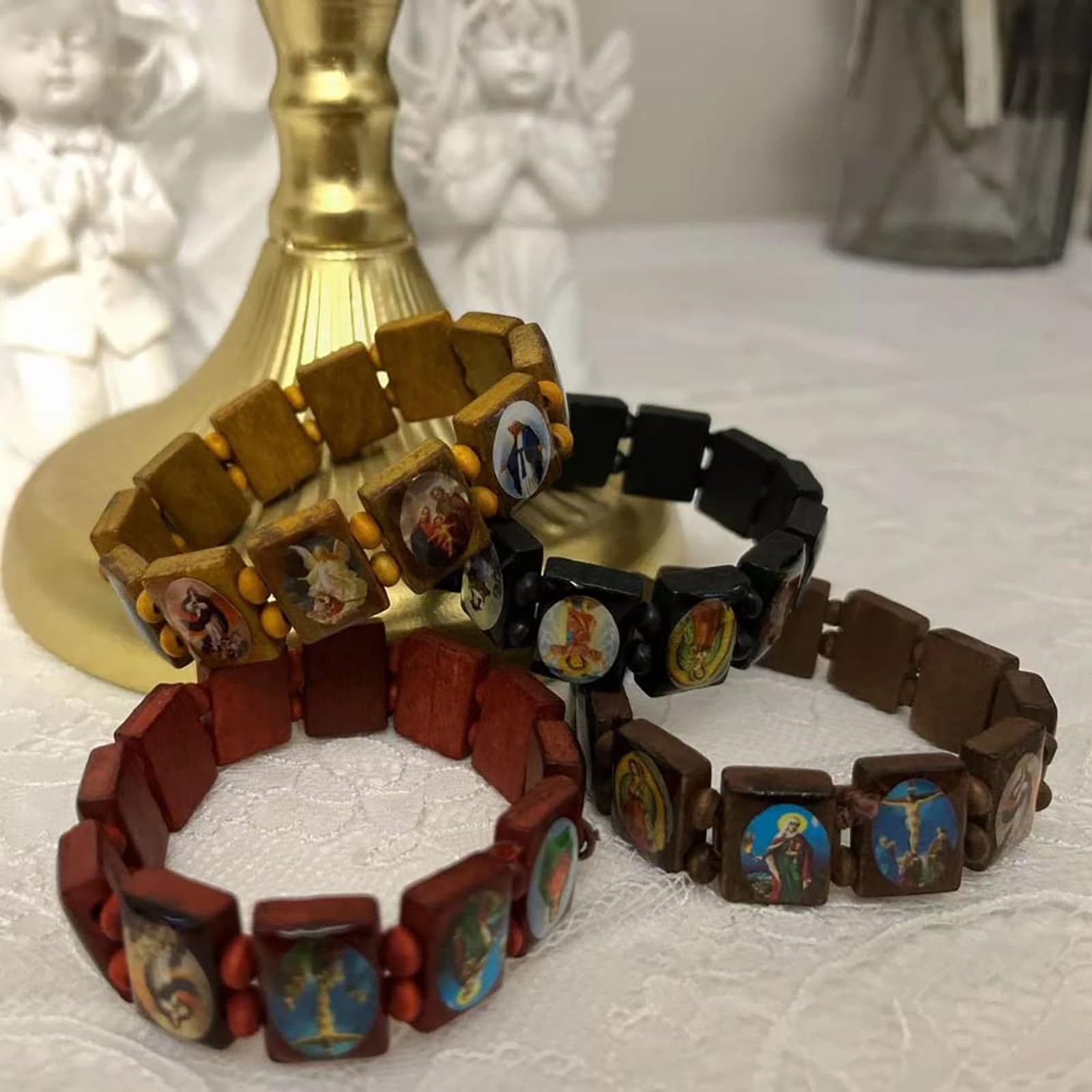 Fnjuucw 4pcs Wooden Jesus Bracelet Saints Rosary, Stretchable Wooden Small Panel Bracelet, with Images of Religious Saints Jesus Gift for Men & Women