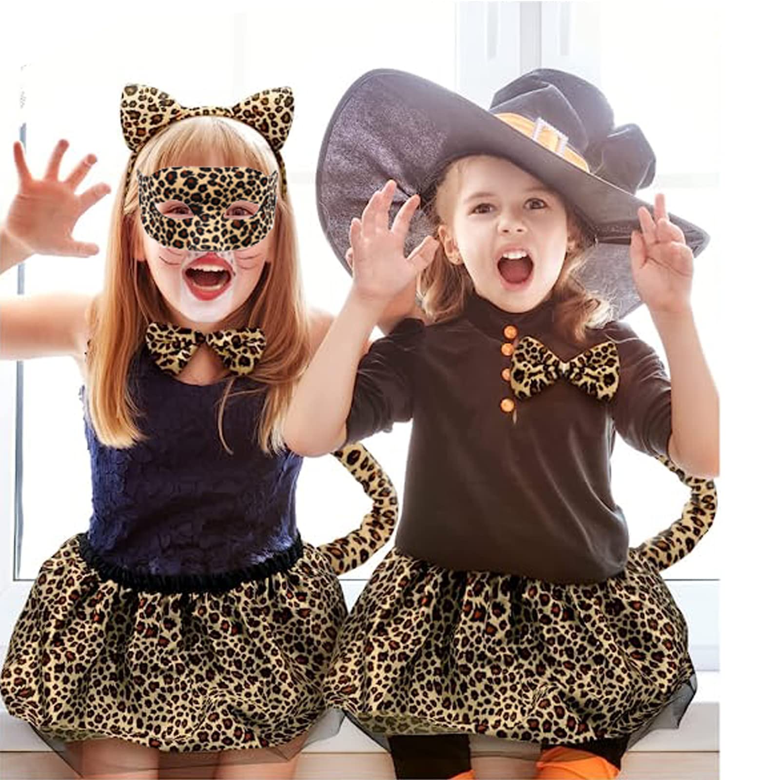 Halloween Cat Cosplay Accessories Set Cat Ear Headband with leopard print Masquerade mask for Women Halloween Cat Costume accessory for Women Party Costume