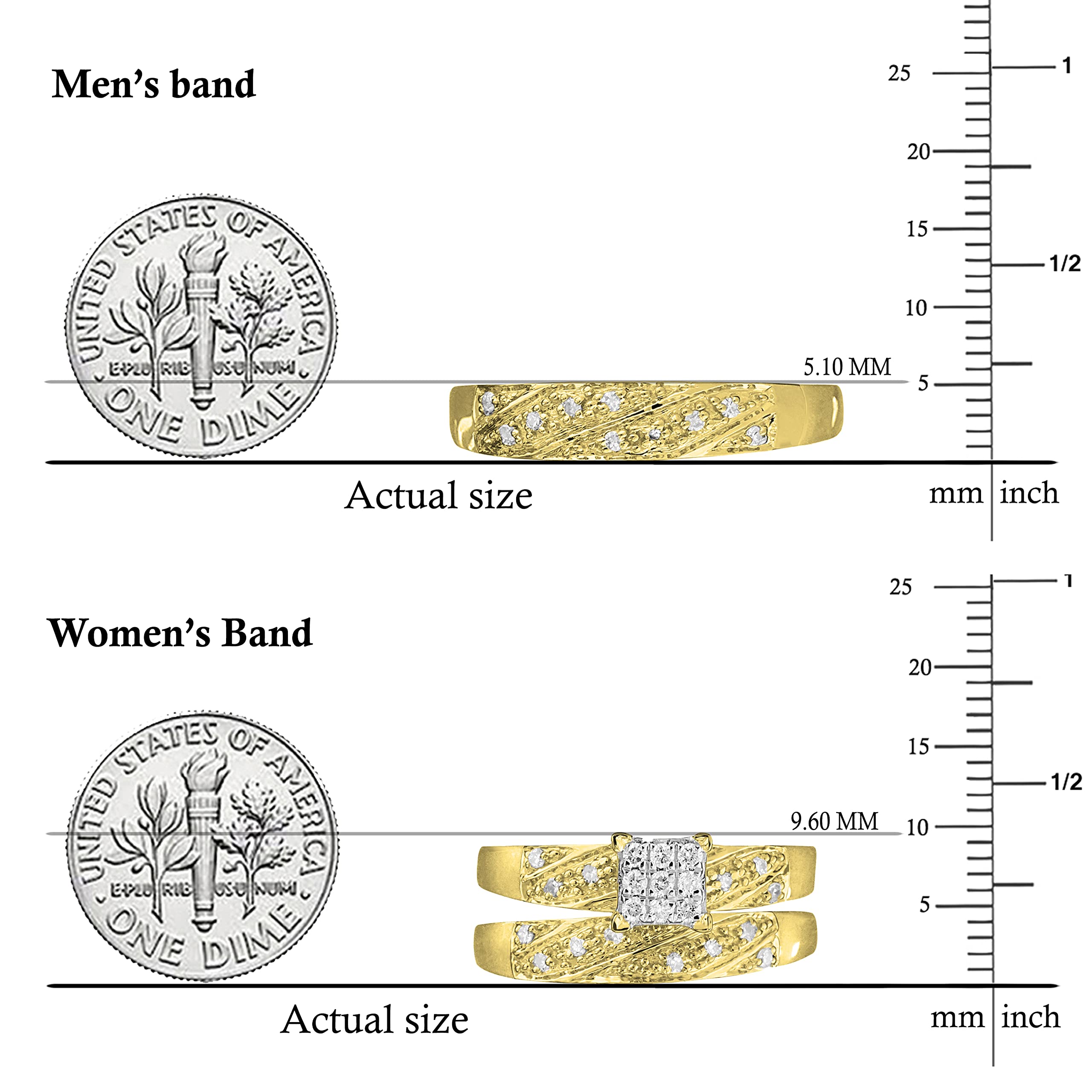 Dazzlingrock Collection 0.28 Carat Round White Diamond 9 Stone Engagement Trio Ring Set in 14K Solid Yellow Gold, W-7 and M-9.5