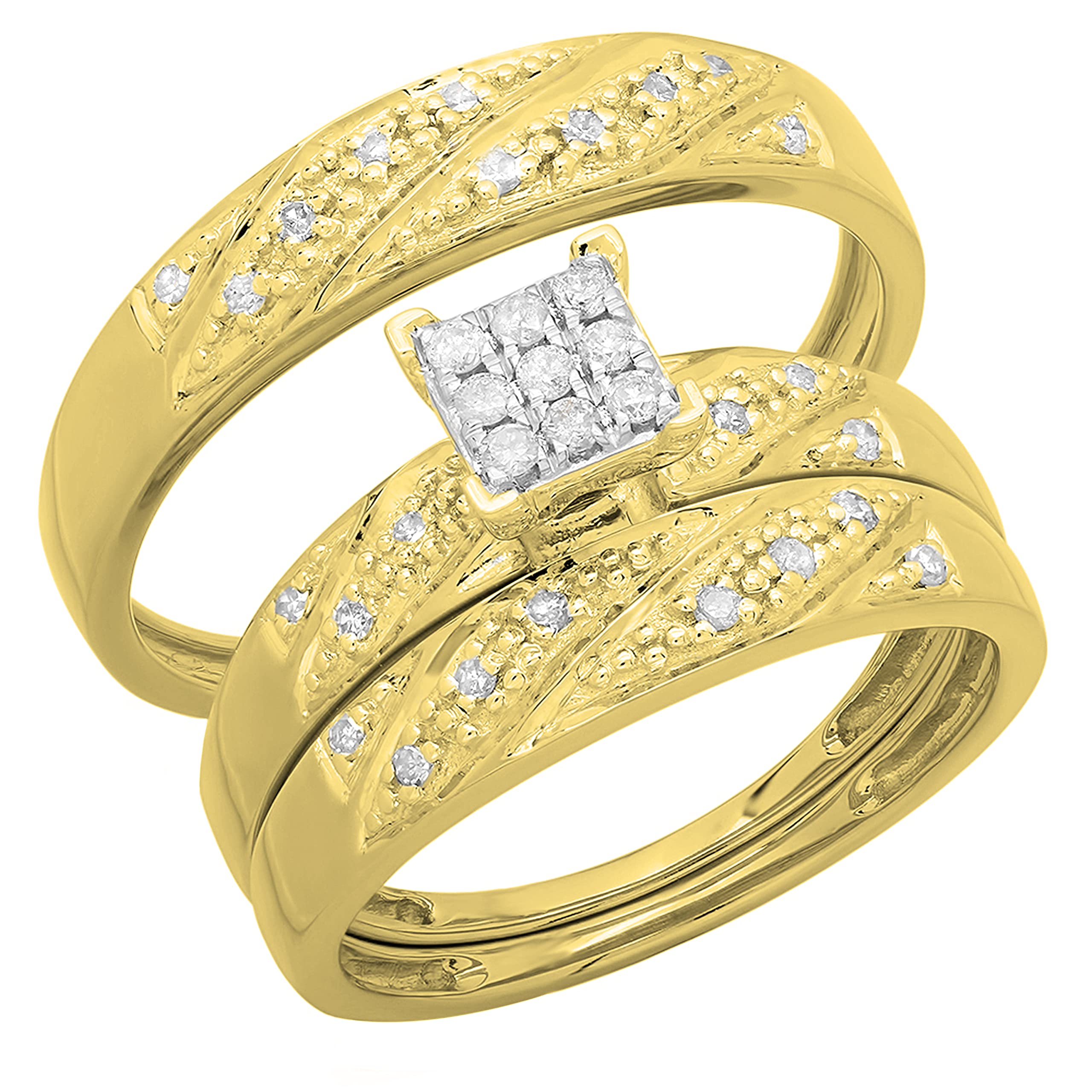 Dazzlingrock Collection 0.28 Carat Round White Diamond 9 Stone Engagement Trio Ring Set in 14K Solid Yellow Gold, W-7 and M-9.5