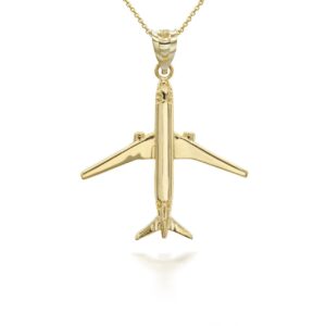 polished 10k yellow gold airplane aircraft aviation traveler charm pendant necklace (18")