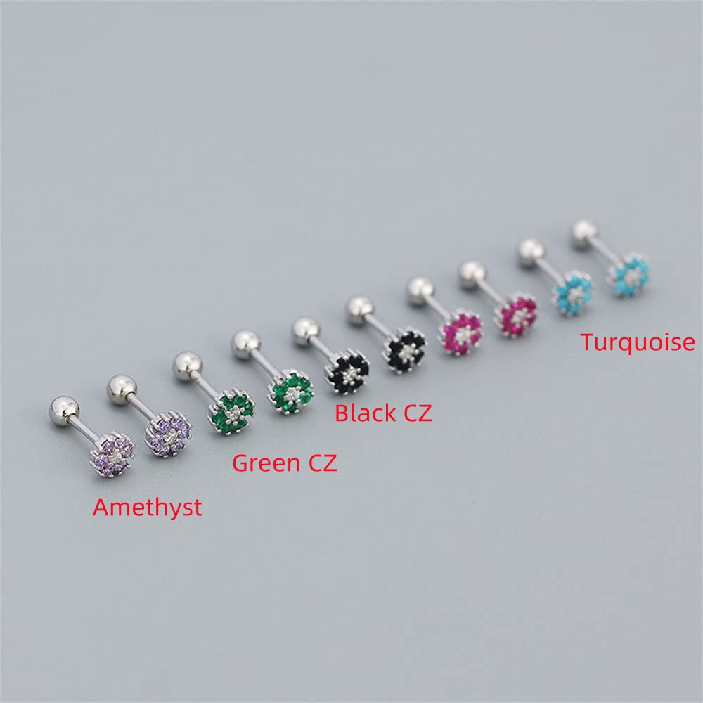 18G Tiny CZ Flower Ball Cartilage Stud Earrings 925 Sterling Silver for Women Girls Hypoallergenic for Sensitive Piercing Ear Cute Small Crystal Snowflake Studs Screw Back Tragus Post Dainty Jewelry (Turquoise)