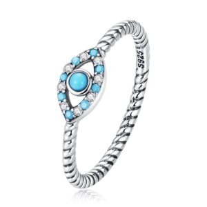 dtja turquoise 925 sterling silver rings for women cz blue birthstone bohemian statement engagement stackable band ring boho birthday wedding mother's day jewelry (evil eye size 8)