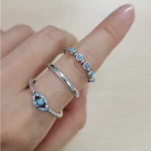 Dtja Turquoise 925 Sterling Silver Rings for Women CZ Blue Birthstone Bohemian Statement Engagement Stackable Band Ring Boho Birthday Wedding Mother's Day Jewelry (Evil Eye Size 8)