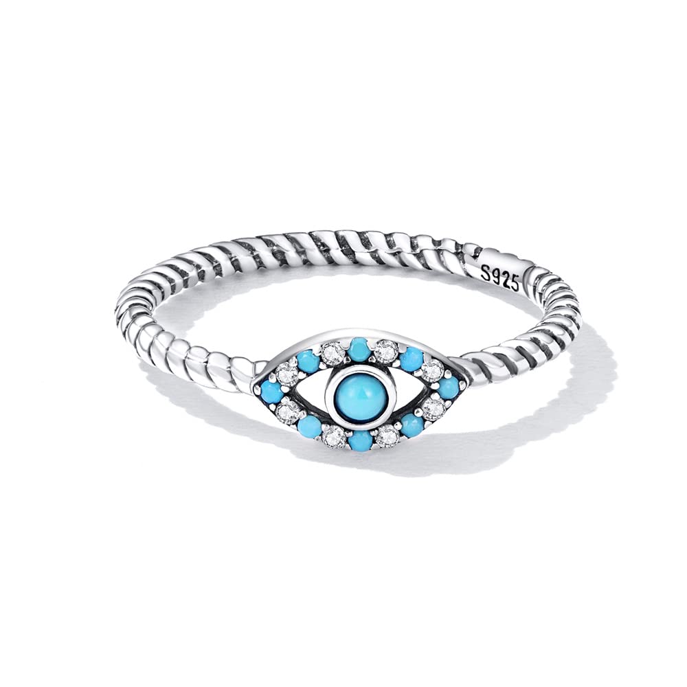 Dtja Turquoise 925 Sterling Silver Rings for Women CZ Blue Birthstone Bohemian Statement Engagement Stackable Band Ring Boho Birthday Wedding Mother's Day Jewelry (Evil Eye Size 8)