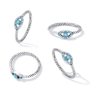 Dtja Turquoise 925 Sterling Silver Rings for Women CZ Blue Birthstone Bohemian Statement Engagement Stackable Band Ring Boho Birthday Wedding Mother's Day Jewelry (Evil Eye Size 8)