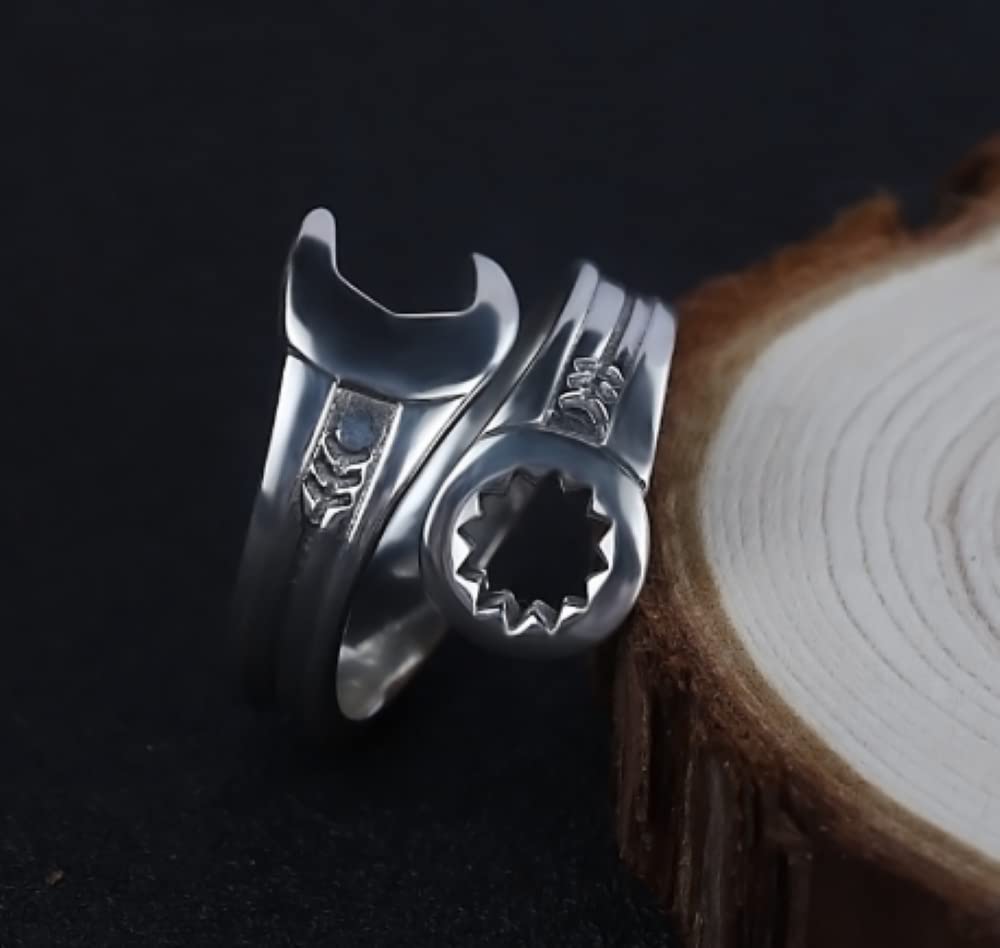 HUKQBUNX 925 Sterling Silver Original Design Wrench Ring Personalized Men's Silver Ring Men's Fashion Domineering Party Unique Design Open Ring